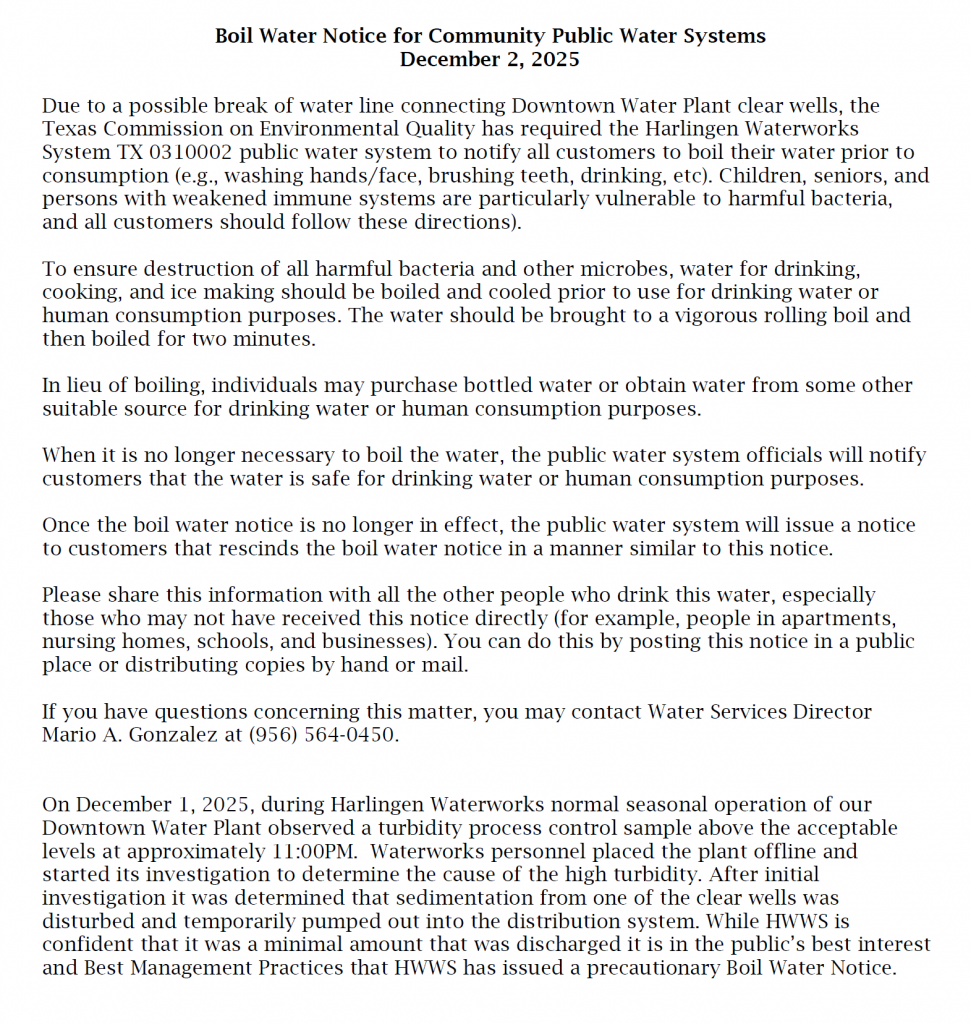 Boil Water Notice for Community Public Water Systems – Harlingen ...